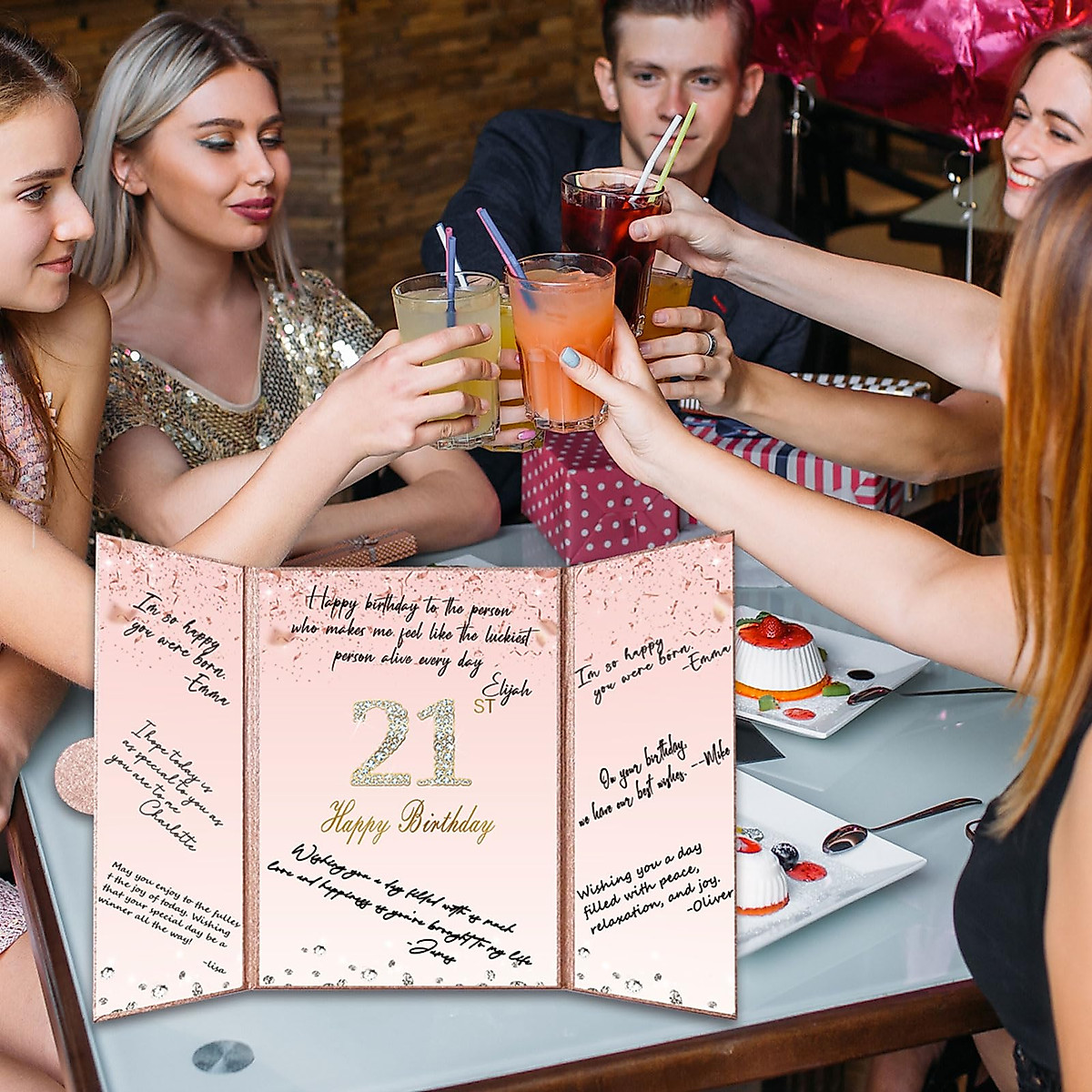 Crenics Rose Gold 21st Birthday Decorations, Creative 21st Birthday Guest Sign in Book Alternative, Large 21st Birthday Signature Book 12" x 18", Great 21 Years Old Birthday Gifts for Her or Women