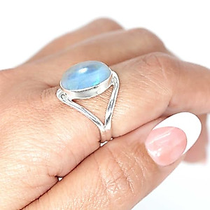 JEWELOPORIUM 925 Sterling Silver Ring for Women Size 8.5 White Natural Rainbow Moonstone Stone Solitaire Silver Ring Christmas - Gift Costume Jewelry