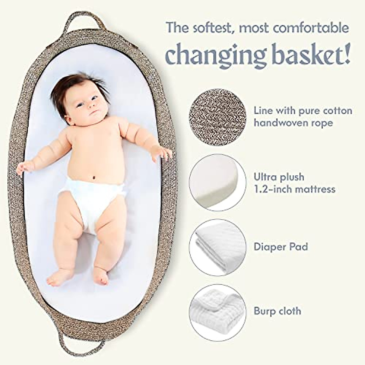 IK MART – Baby Changing Basket – 100% Cotton Rope Diaper Basket - Changing Pad, Portable and Waterproof - with Extra Pad and Burp Cloth - Lighter in Weight - Boho Nursery Decor