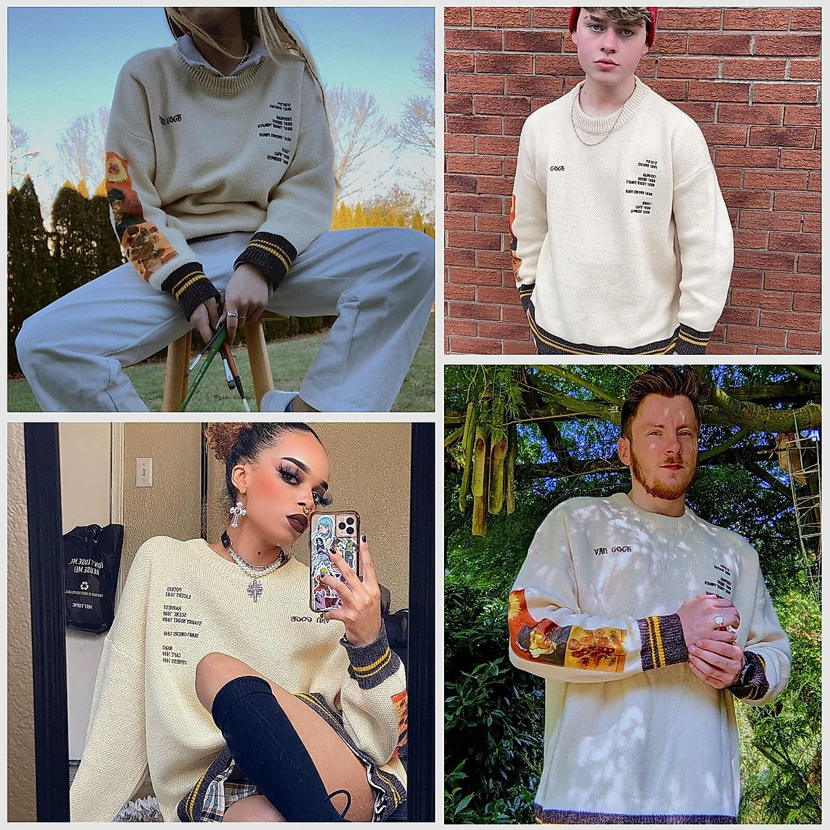 Aelfric Eden Oversized Sweater Graphic Van Gogh Printed Unisex 90s Vintage Women Knit Sweaters Men Casual 2024 Pullover Beige