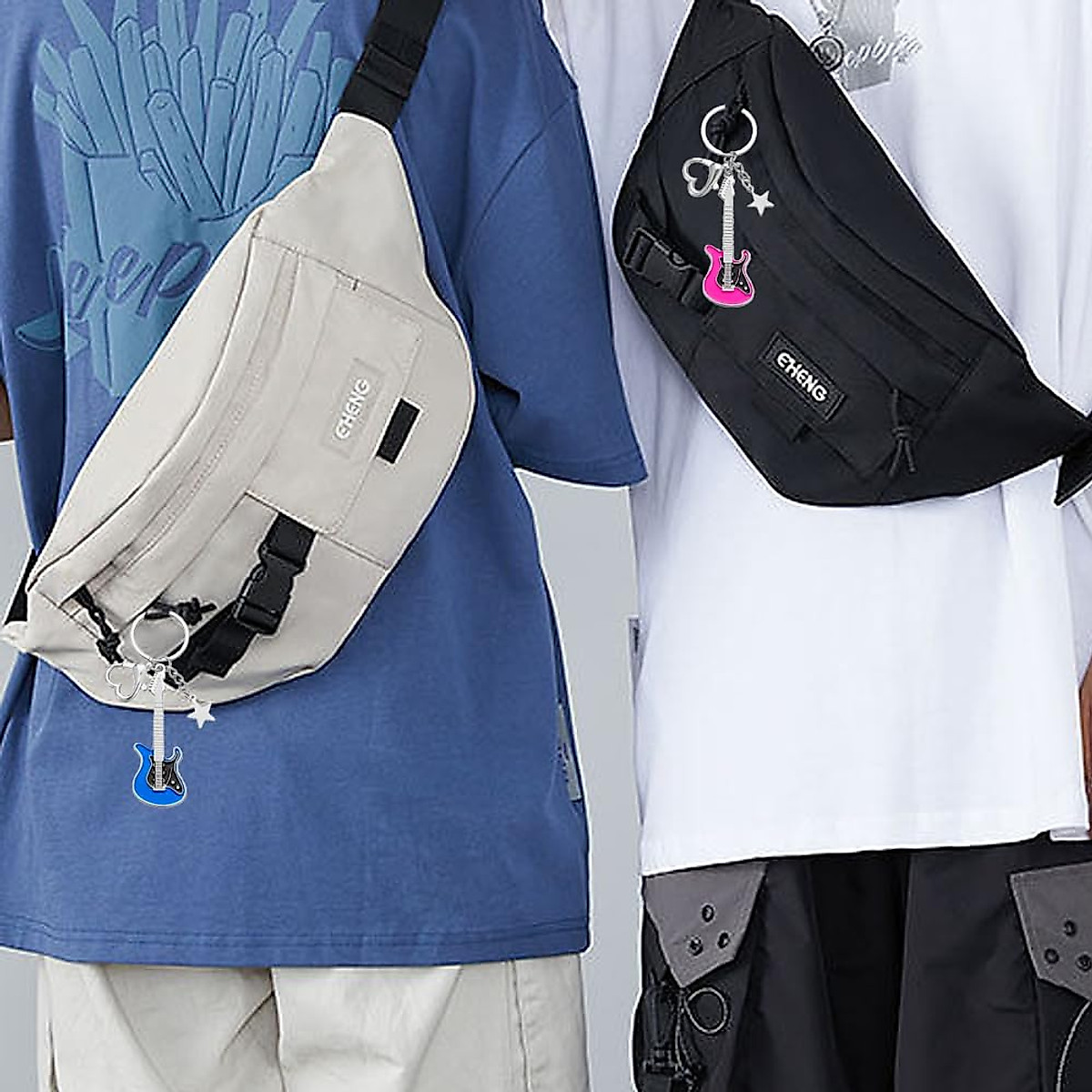 JINZHOUFZ Punk Music Bass Electric Guitar Keychain, Guitar Love Heart Star Key Teens Girls Music Lovers (black)