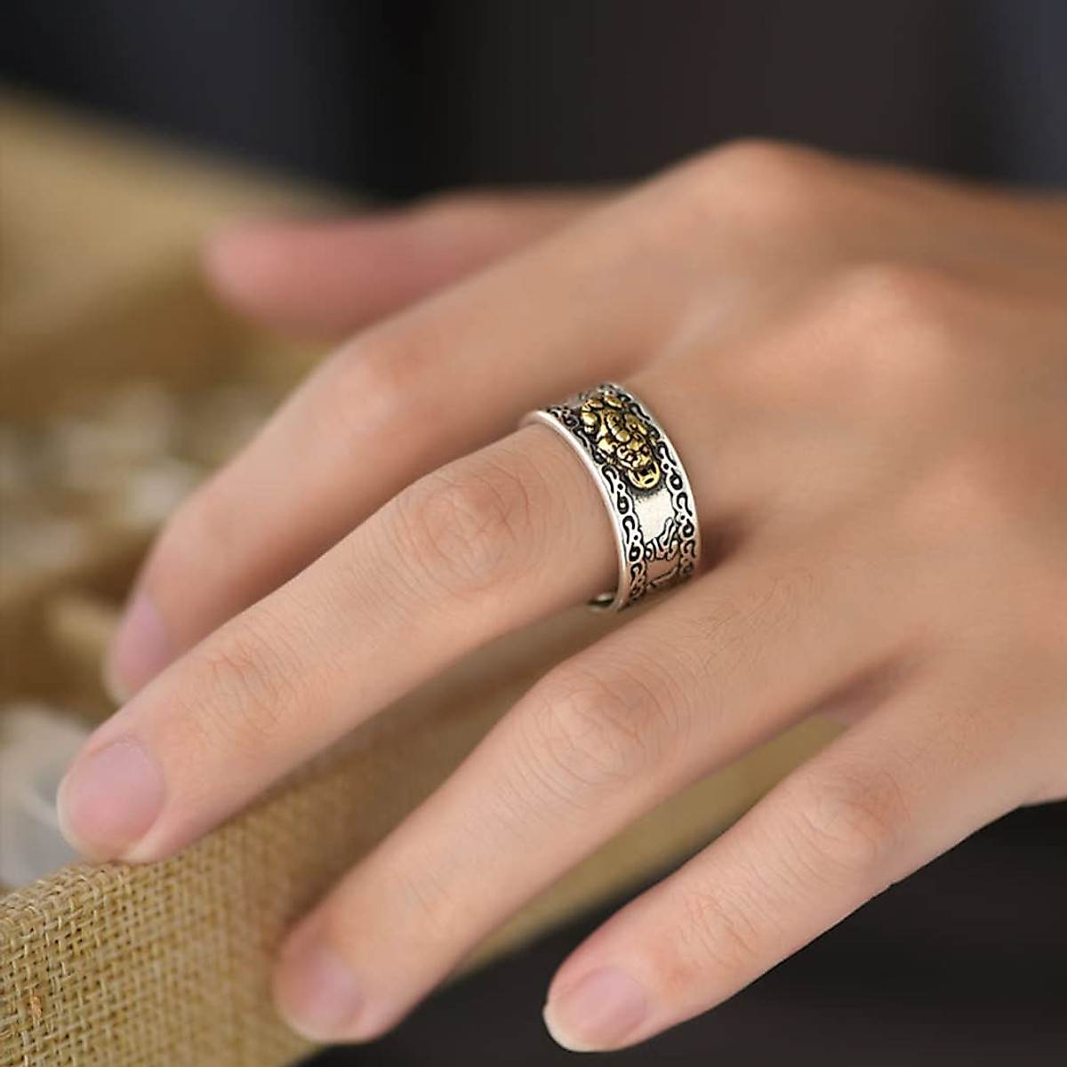 Feng Shui Pixiu Mantra Ring Buddhist Vintage Ring Adjustable Good Luck Amulet Mantra Double Protection Wealth Love Health Ring Gift for Men Women (A)