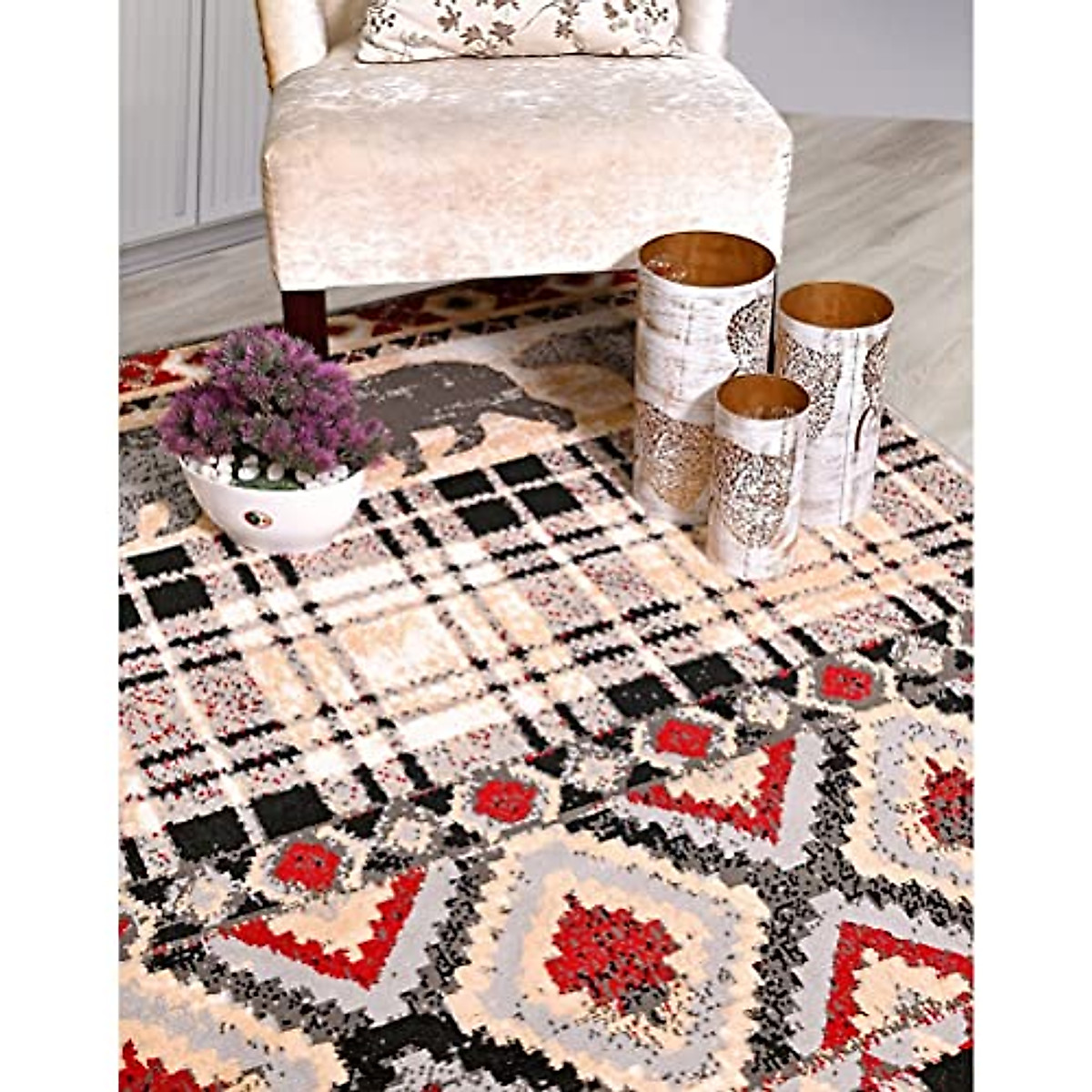 Furnish my Place Bohemian Bear Rug - 5 ft. x 8 ft., Multicolor, Cabin Rug with Bear, Geometric Print