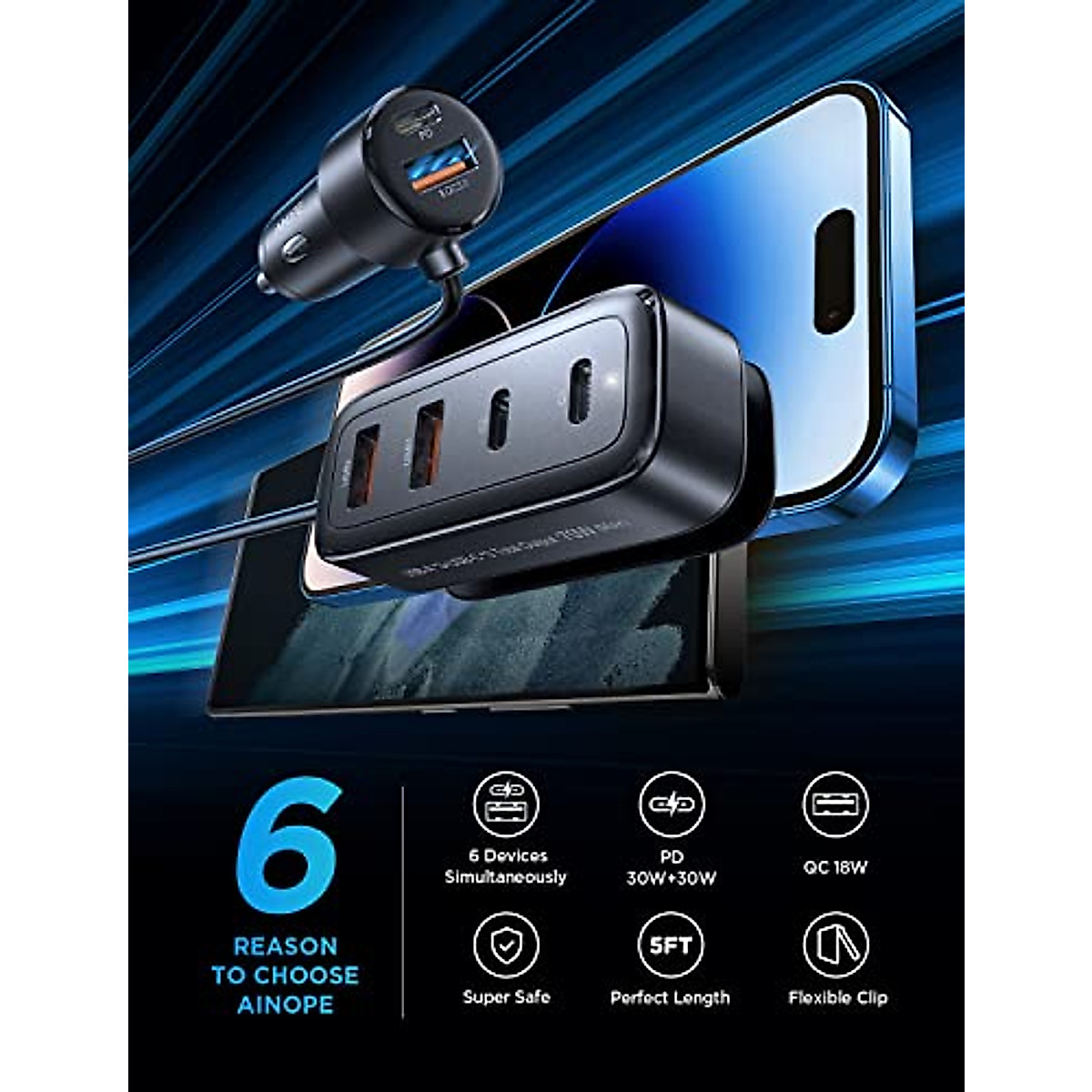 AINOPE 90W USB C Car Charger 6-Port, Super Fast USB Car Charger Fast Charging, PD 30W & QC3.0 Cigarette Lighter Car USB Charger Multi Port with 5FT Cable for iPhone 14/iPad Pro/Samsung S23 Ultra