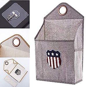 Household Wall-Hanging Storage Bags with Hook Pockets Cotton Linen Storage Basket Family Organizer Box Containers (Dark Gray)