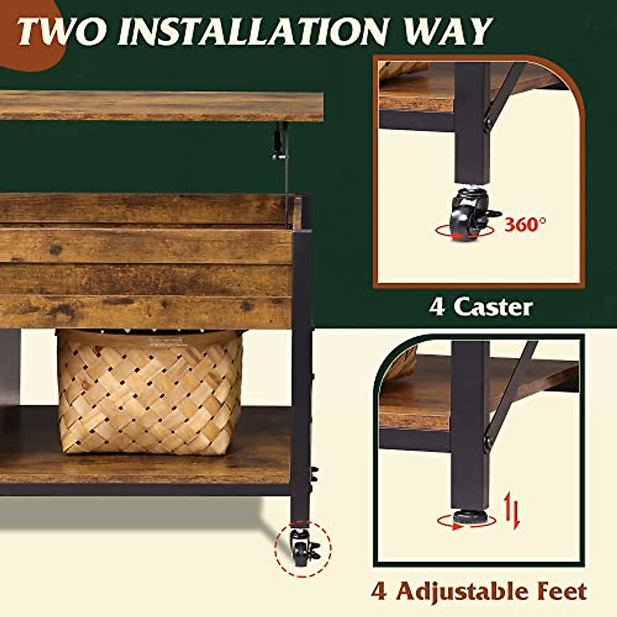 WLIVE Lift Top Coffee Table for Living Room,Coffee Table with Storage,Hidden Compartment and Metal Frame, Central Table with 4 Casters for Reception Room,Rustic Brown.