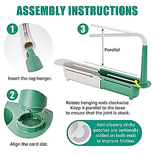 NiHome Multifunctional Telescopic Sink Organizer with Towel Hanger, Drain Basket and Adjustable Length - Ideal for Kitchen, Bathroom and Home Storage (Green/White)