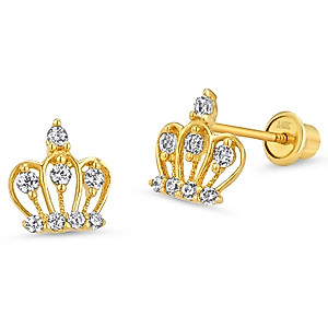 14k Yellow Gold Crown Cubic Zirconia Children Screwback Baby Girls Earrings