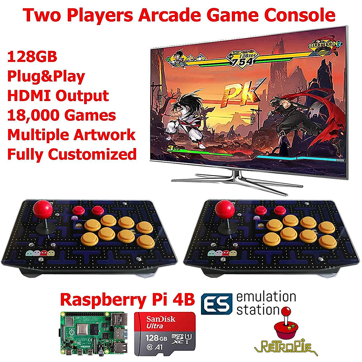 R A C- S400 J Two Players Retro Arcade Game Console Joystick Fight Stick Raspberry P I4 Model B4 G128 G18000 Games Plug Play