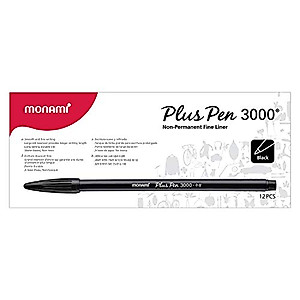MONAMI Plus Pen 3000 Felt Tip Pens, Fine Point (0.4mm), Fine Liner, Writing/Journaling/Note Taking at home, school and office, Black, 12-Count