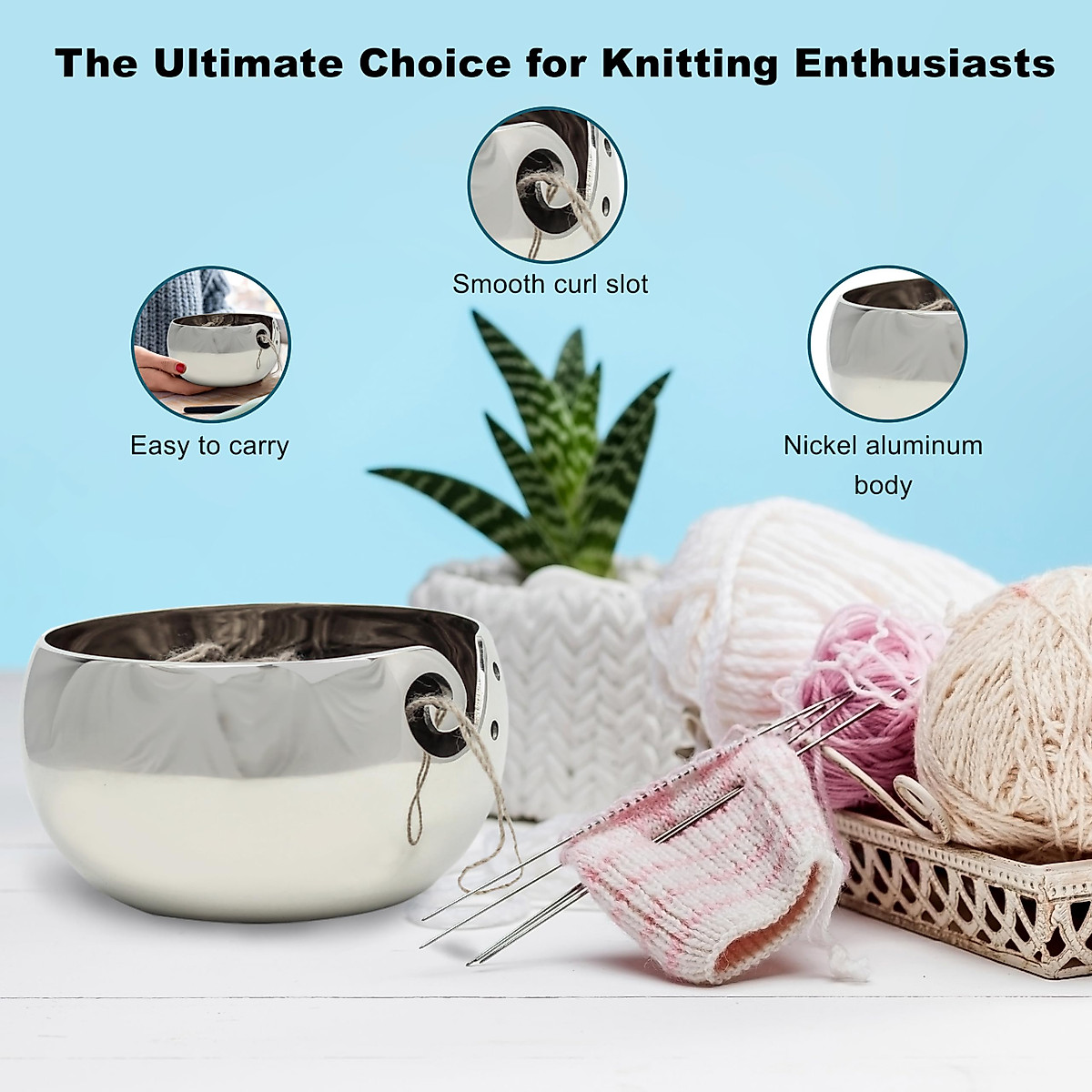 Opulent Silversmith Unbreakable Aluminum Metal Yarn Storage Bowl Nickel Plated for Skeins Hanks & Balls | Knitting & Crochet Notions | Nagina International (Large, Aluminum)
