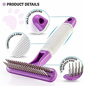 Poodle Pet Dog Grooming Rake| Dematting Tool with Stainless Steel Shedding Comb for Pets | 2 Rows of Pins Gently Remove Loose or Tangled Hair from Undercoat | Purple Handle