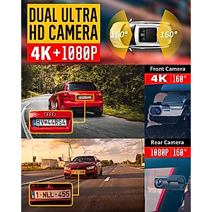 Dash Cam Front and Rear 4K Built-in 5GHz WiFi, Dual Dash Cam Front 4K/2K Rear 1080P Hidden Dash Camera for Cars, Super Night Vision, App Control, Supercapacitor, Parking Mode, G-Sensor, USB C Port