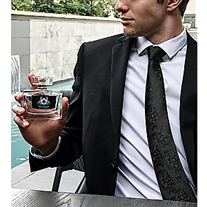 HISDERN Men Solid Black Floral Ties Woven Classic 3.4" Necktie Set Formal tie Pocket Suqare for Wedding Business with Handkerchief