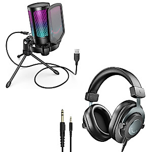 FIFINE Condenser Mic and 3.5mm/6.35mm Headphones for Studio Monitor, RGB Gaming Mic with Quick Mute, Gain Control, Wired Headphones for Podcast Monitoring, Streaming (A6V+H8)