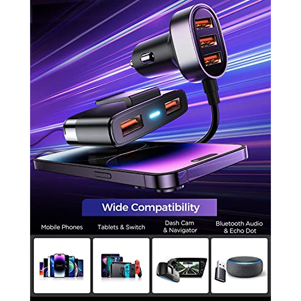 5 Multi USB Car Charger, Car Charger Adapter, USB Car Charger for Multiple Devices, 12V USB Charger Multi Port, Car Charger Cigarette Lighter Adapter USB Charger with 5FT Cable for Back Seat Charging