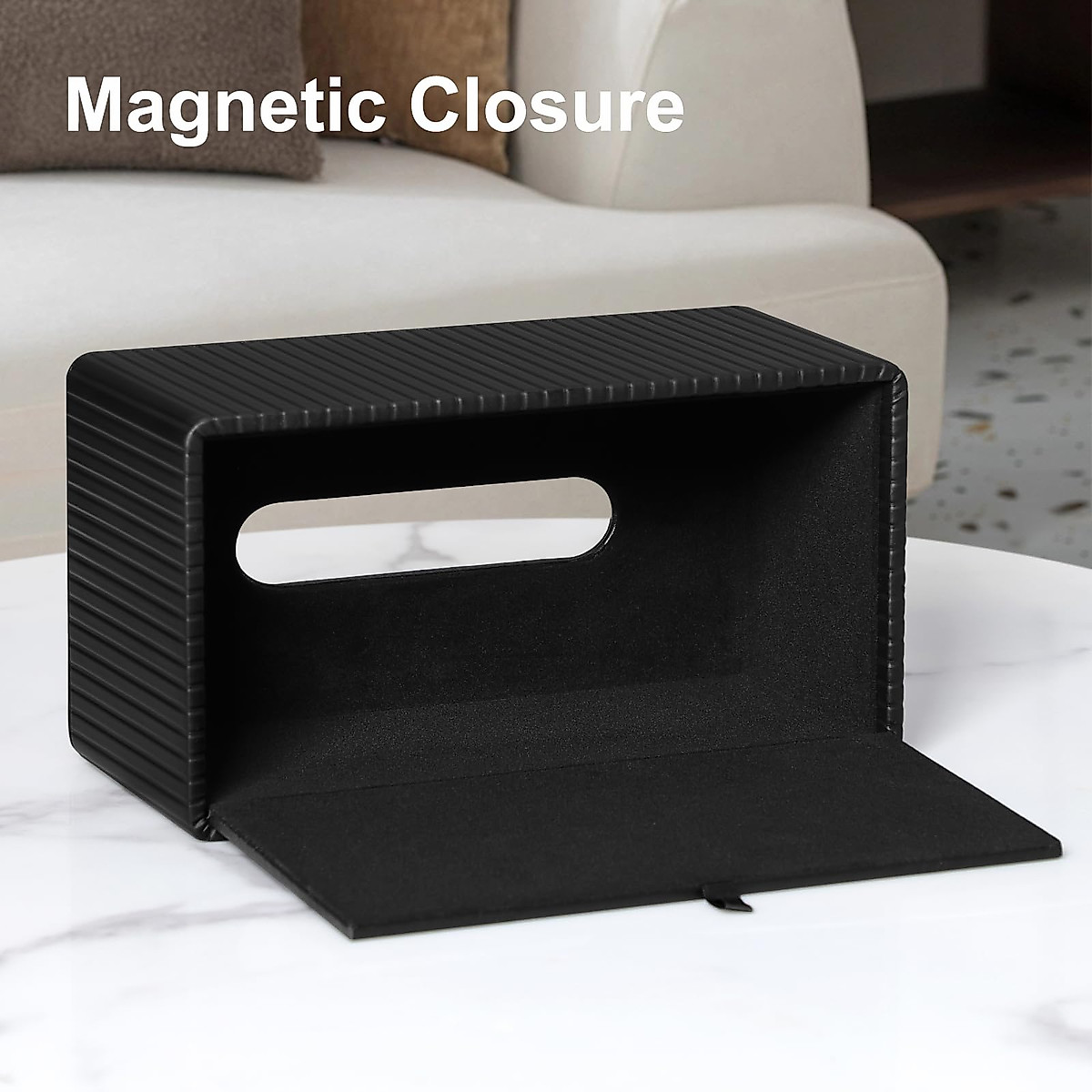 MEIBOOCH Tissue Box Cover Stylish PU Leather Rectangular Tissue Box Holder with Magnetic Bottom Cover for Bathroom Bedroom or Office (Black Stria)
