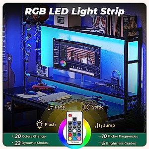 Huuger 55 inch Computer Desk with Adjustable Shelves, Gaming Desk with LED Lights & Power Outlets, Home Office Desk with Monitor Stand, Hooks & CPU Stand, Black