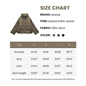 Seetaa Quilted Puffer Jacket Womens Stand Collar Full-Zip Outerwear Puffy Coats Jacket with Pockets(Brown-XL)
