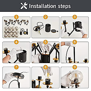 UOFUS 12-Light Glass Globe Sputnik Chandelier Mid-Century Modern Matte Black and Gold Ceiling Light Fixture Vintage Hanging Pendant Light for Bedroom Living Room Kitchen Farmhouse Dining Room