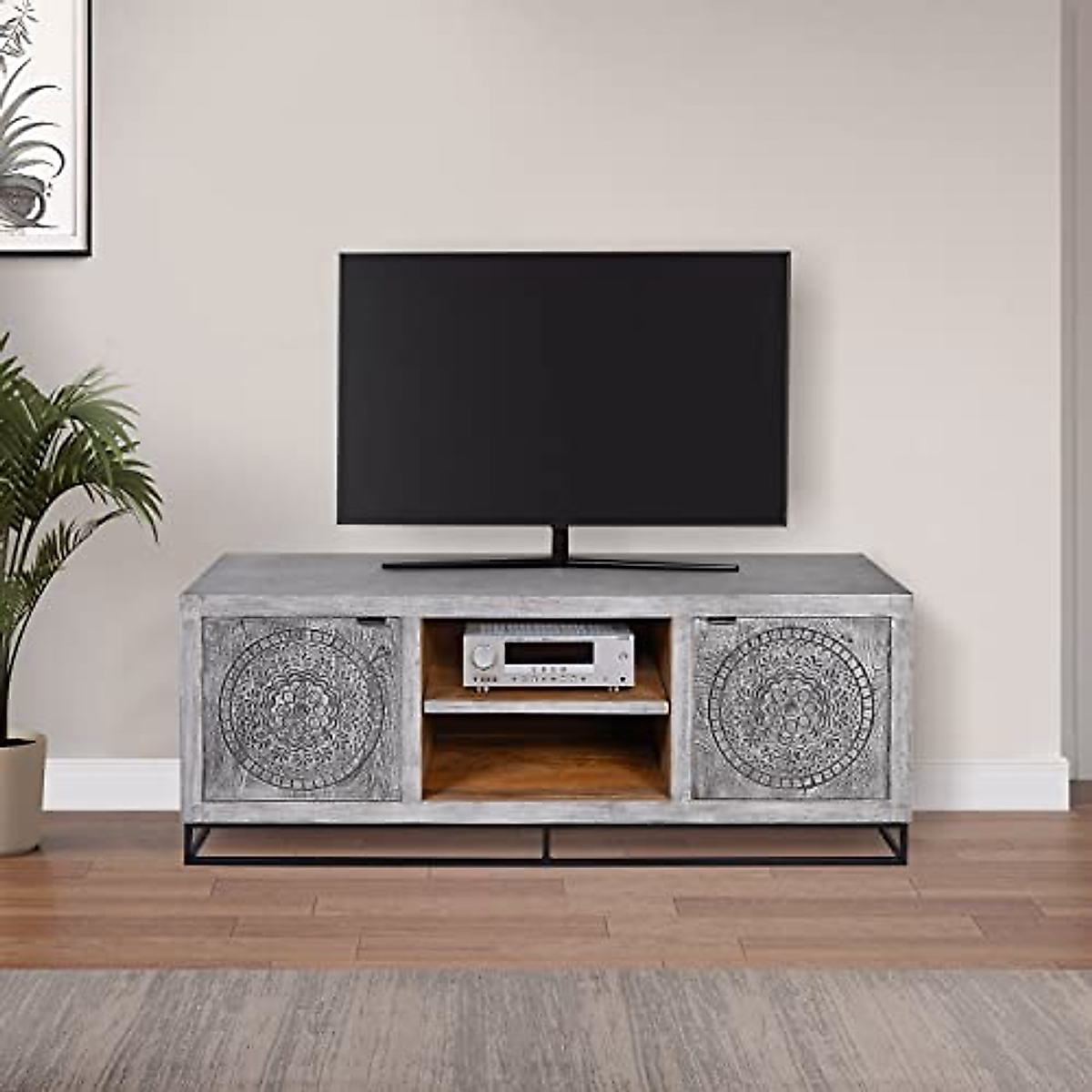 The Urban Port 63-Inch Handcrafted TV Media Entertainment Console, 2 Medallion Engraved Doors, Sandblasted Gray Mango Wood, Black Iron Stand