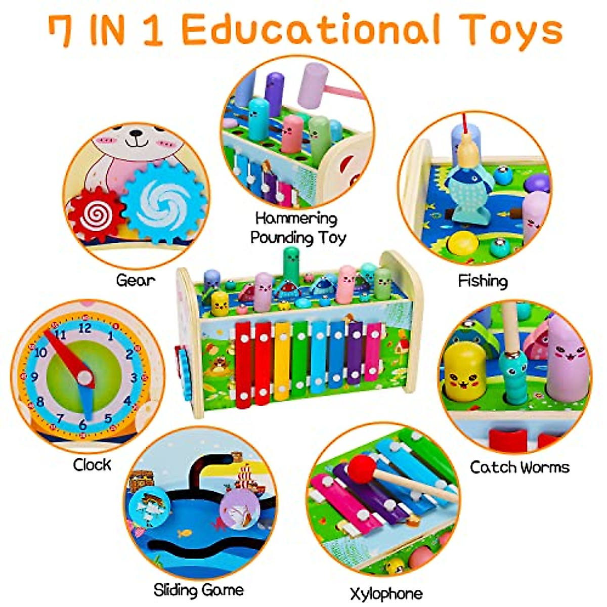 7 in 1 Hammering Pounding Toys Wooden Montessori Educational Fishing Game Xylophone Toy for 1 2 3 Year Old Sensory Developmental Toy Fine Motor Easter Toy Gift Preschool Toddler Activity Age 1-2 2-4