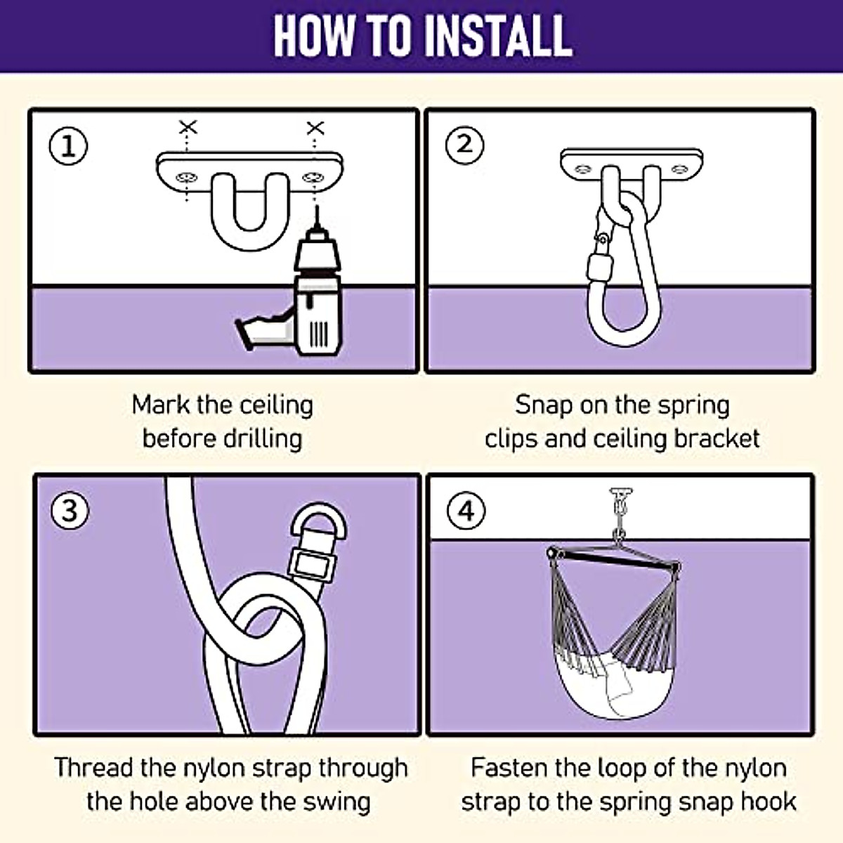 Dekool Hammock Chair Hanging Rope Swing, Detachable Steel Support Bar, Max 330 Lbs, Soft Durable Cotton Canvas, 1 Cushion & Hanging Hardware Included, for Indoor Outdoor, Purple