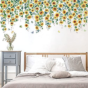 Sunflower Wall Sticker Flower Vines Hanging Wall Decal Green Leaves Floral Wall Art for Bedroom Bathoom Kids Wall Decor