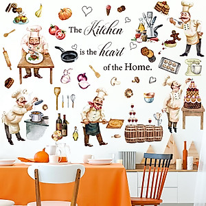 Chefs Peel and Stick Wall Decals Italian Fat Chefs Wall Stickers Cooking Wall Sticker Wine Cake for Kitchen Restaurant Dining Room Home Wall Decoration, 6 Sheets