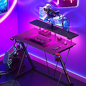 SEVEN WARRIOR Gaming Desk with LED Lights & Power Outlets, 31.5" Computer Desk with Monitor Shelf, Home Office Desk with Cup Holder and Headphone Hook, Ergonomic, Carbon Fiber Surface Black
