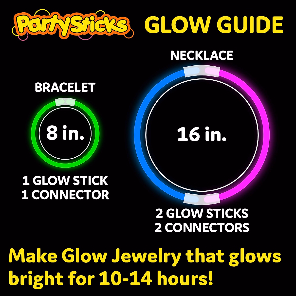 PartySticks Glow Sticks Party Supplies 300pk - 8 Inch Glow in The Dark Light Up Sticks Party Favors, Glow Party Decorations, Neon Party Glow Necklaces and Glow Bracelets with Connectors