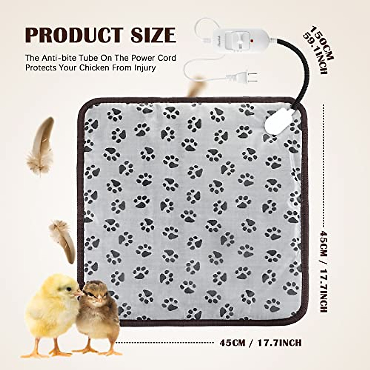 Chicken Heating Pad Chicken Coop Heater 110V Power 20W Electric Heating Mat Heated Bed Adjustable Heated Pad Blankets Warming Bed Mats with Chew Resistant Cord for Chicken Pet Supplies