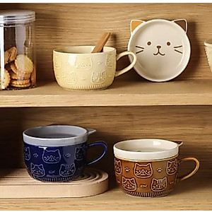 Cute Ceramic Cat Mug with Lid, Pink Cat Mug, Kawaii Coffee or Tea Cup for Cat Lovers, Unique Novelty Cat Gift, Mug and Lid Set (Pink)