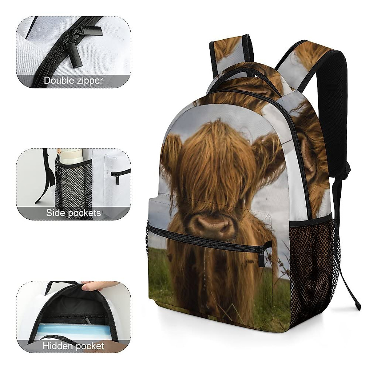 XOLLAR Large Travel Backpack Cute Highland Cow Lightweight Casual Daypack School Book Bag for Teens Boys Girls, One Size
