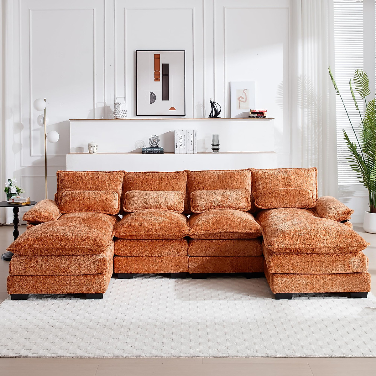 GNIXUU 110" Sectional Sofa Cloud Couch for Living Room, Modern Chenille U Shaped Couch, Comfy Modular Sofa Sleeper with Double Chaise & Memory Foam(Orange)
