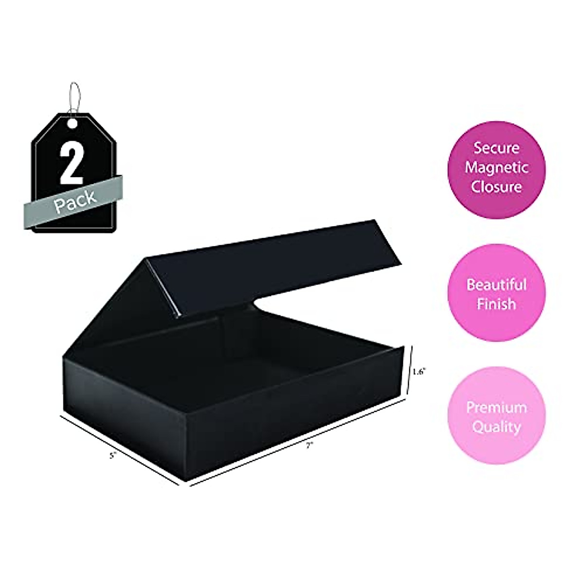 2 Pack Black Hard Gift Box with Magnetic Closure Lid 7" x 5" x 1.6" Rectangle Boxes For Gifts With Black Glossy Finish (Black, 2 Boxes)