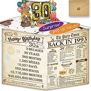 30th Birthday Cards for Women or Men, 3D Pop Up Greeting Card in Classy Vintage Cover, Funny 30th Birthday Gifts Idea for Party Supplies, Unique 30 Year Anniversary For Mom Dad, Back In 1993, Jumbo size 8x10"