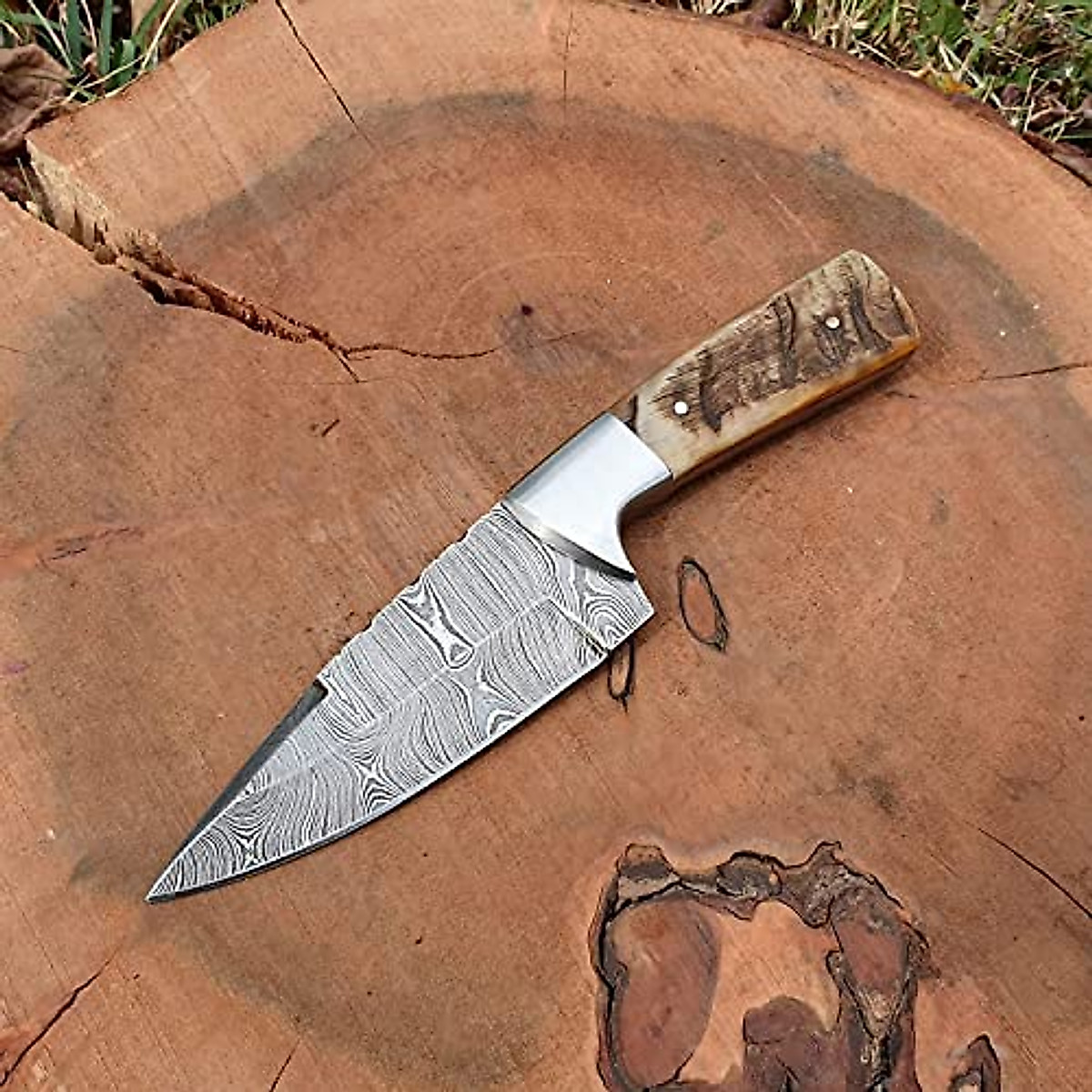 Knife4U Damascus Hunting Knife With Sheath|8"Best Camping,Hiking,Tactical,Survival Knife For Men|EDC Bushcraft Accessories Tool|Sharp Blade With Natural Handle And Knife Display Box (Rams Horn)