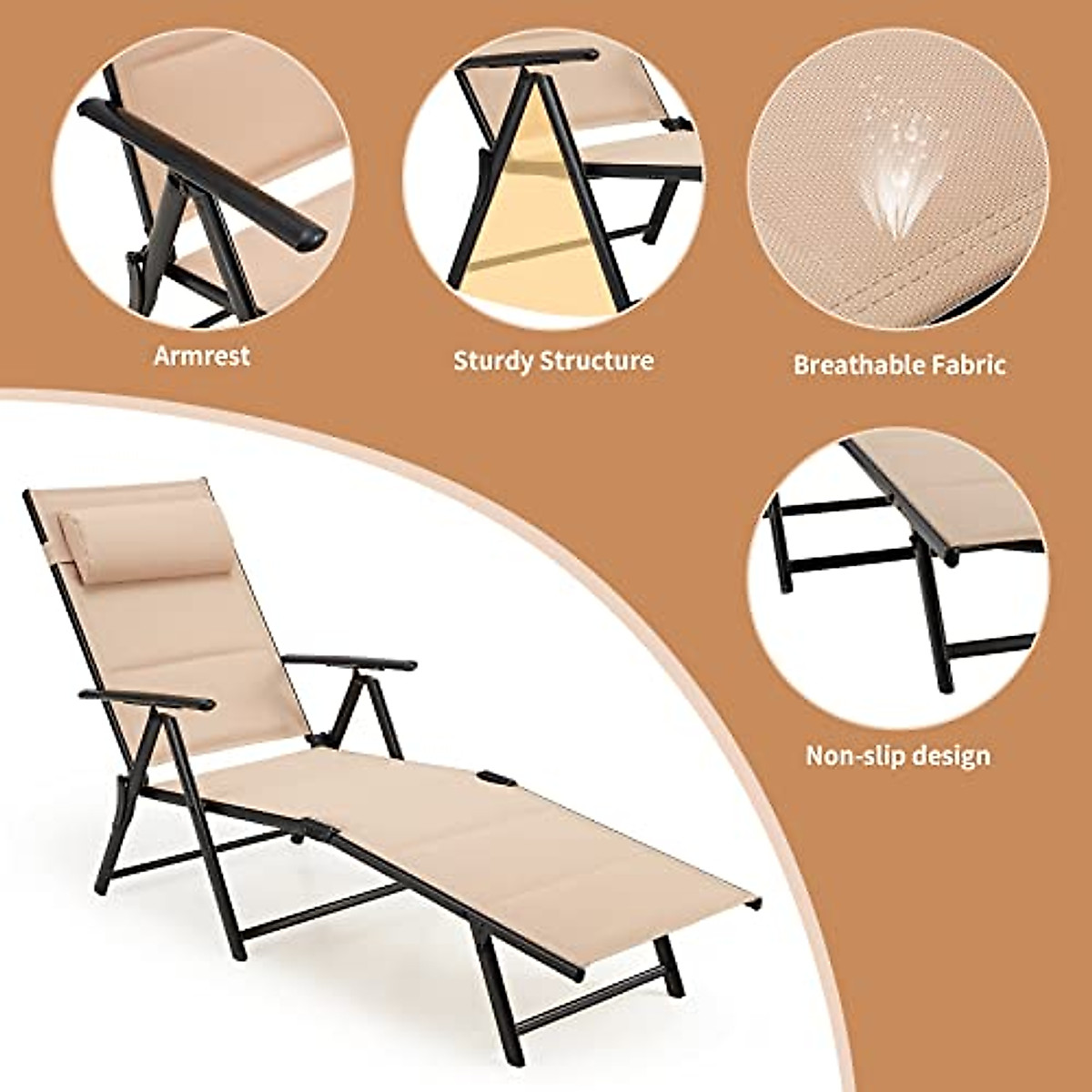 GYUTEI Outdoor Folding Lounge Chair 2 Sets Reclining Adjustable Lightweight Chaise Lounge Chair with 7 Position Adjustable Backrest for Beach,Swimming Poolside,Patio(Khaki)