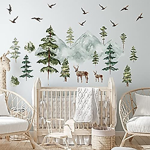Mountain Wall Decals Large Pine Tree Wall Decals Peel and Stick Forest Tree Woodland Deer Birds Animal Wall Decals Mountain Tree Wall Stickers for Kids Room Nursery Decor