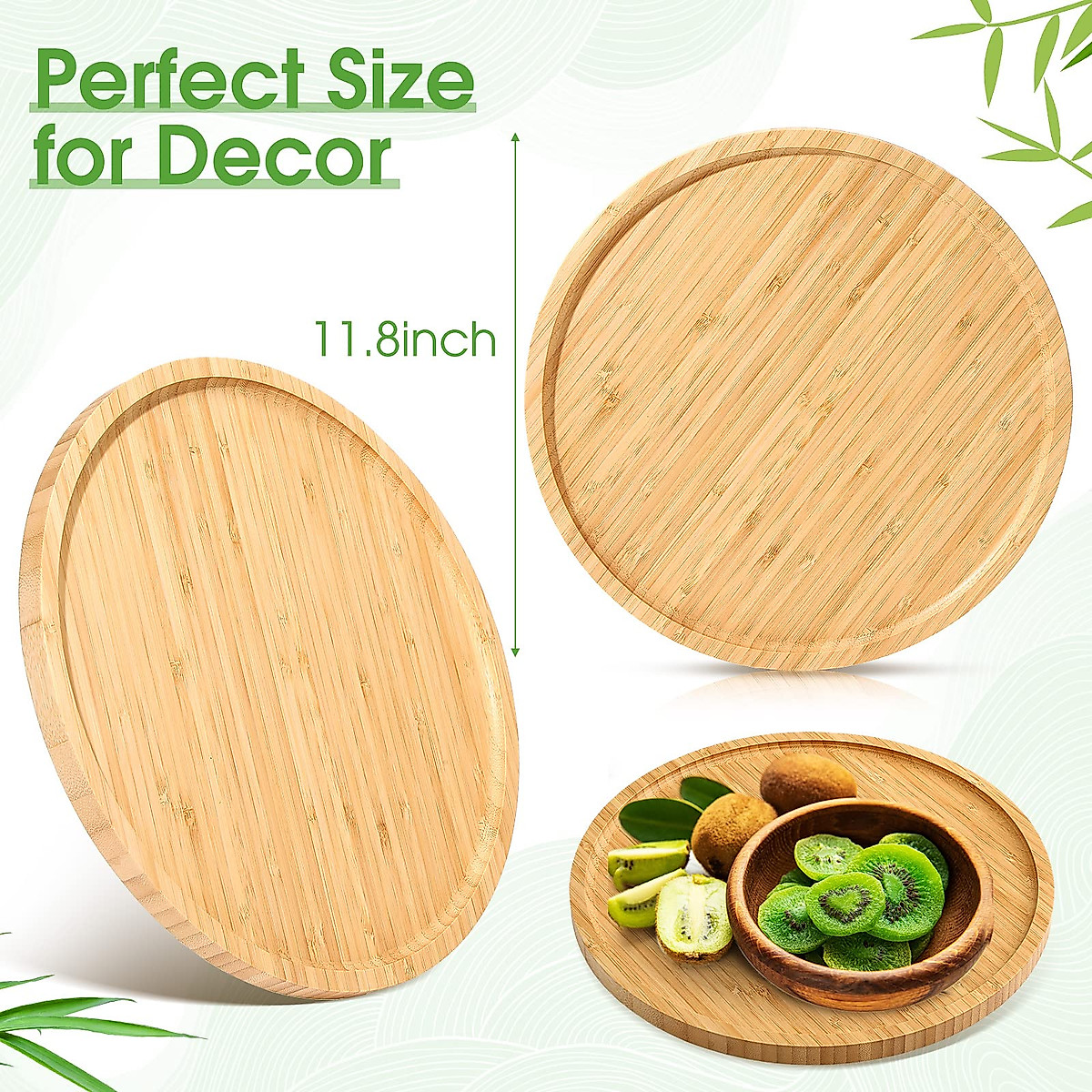 3 Pcs Bamboo Serving Tray Round Bamboo Tray Round Wood Plates Wooden Serving Platter Charcuterie Serving Board with Rim for Kitchen Counter Home Dinning Coffee Table Fruit Bread Plant Pot (11.8 Inch)