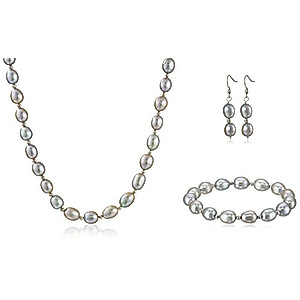 Amazon Collection Sterling Silver Grey Freshwater Cultured Pearl Necklace, Bracelet and Dangle Earrings Jewelry Set (8-9mm)