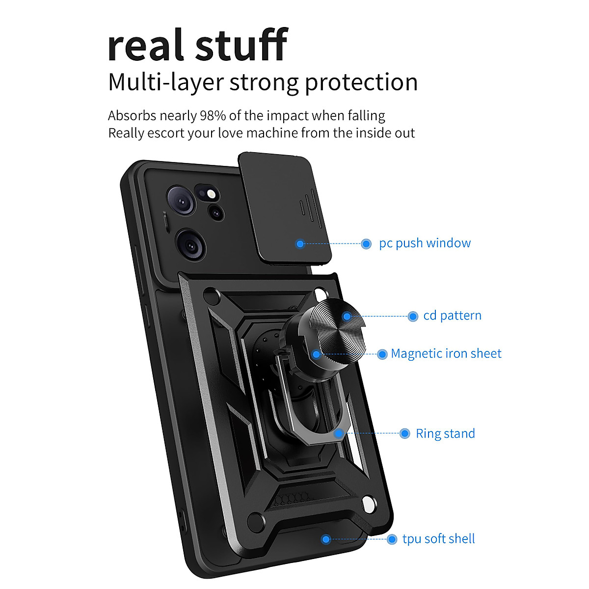 Kainevy for Xiaomi 13T Pro Case Heavy Duty with Camera Protective Cover Xiaomi 13T Pro Case Shockproof with Ring Magnetic Stand Black Aesthetic Cool for Men Boys Durable Case (Black)