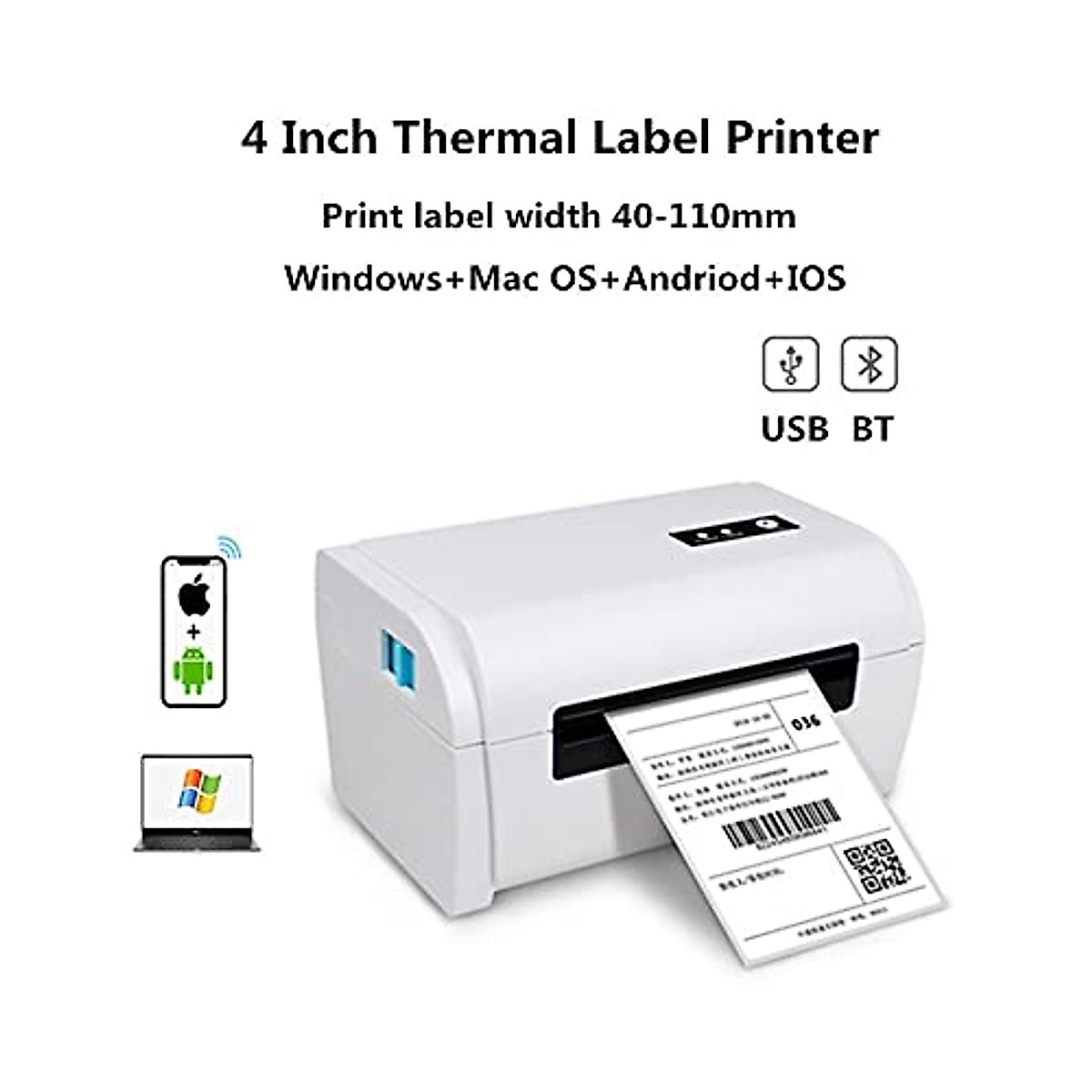 with U Disk (Driver.Software, Video are in U Disk) Label Maker Printer Thermal Barcode Shipping Printer Bluetooth and USB 110mm 4X6 Shipping Sticker Label Printer 4 inch (USB+Bluetooth Port)