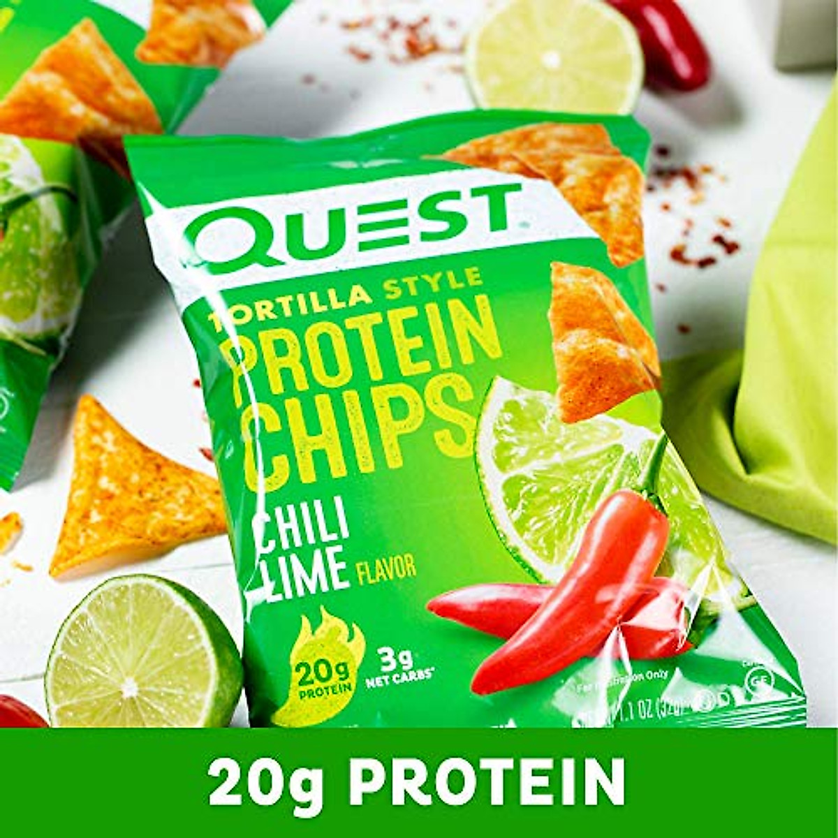Quest Nutrition Chili Lime Tortilla Style Protein Chips, 20g Protein, 3g Net Carbs, Low Carb, Gluten Free, 1.1 oz (Pack of 12)