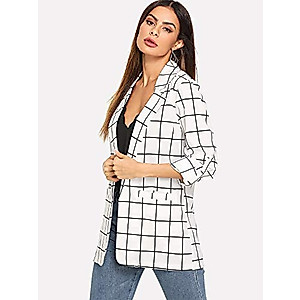 Milumia Women's Open Front Blazer Casual Lightweight Plaid Roll Up Sleeve Jacket White Large