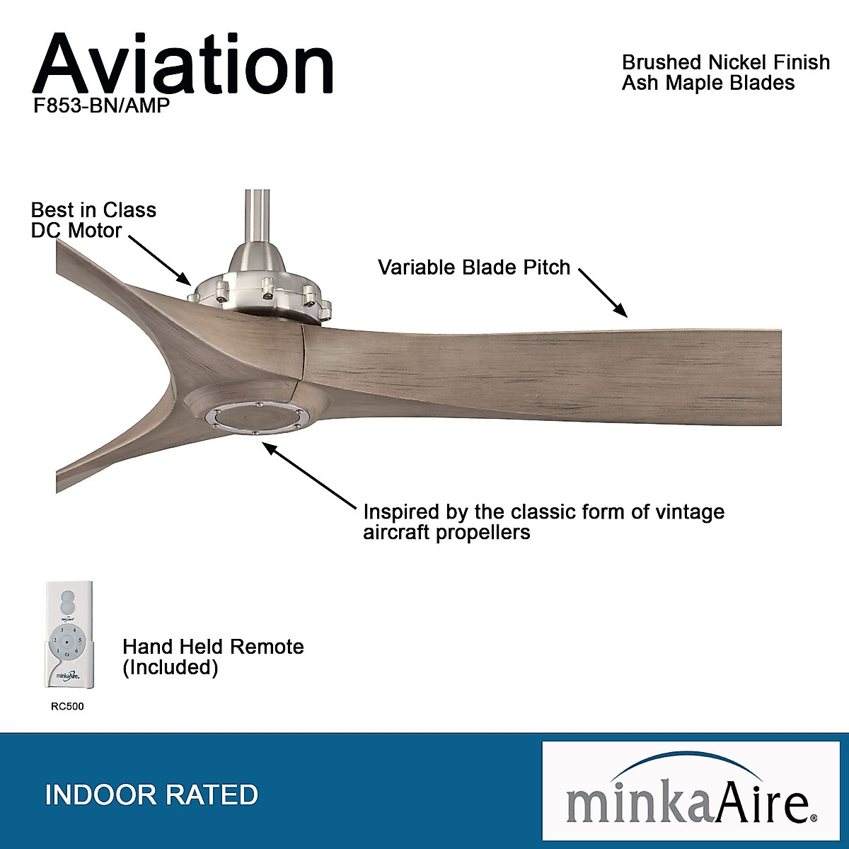 MINKA-AIRE F853-BN/AMP Aviation 60 Inch Ceiling Fan with DC Motor in Brushed Nickel Finish and Ash Maple Blades
