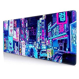 LTHAOGUO Neon Street Desk Mat, Japanese Vaporwave Cyberpunk City Cyan Gaming Mouse Pad, Rubber Base XL Large Deskmat for Computer Laptop, 31.5 X 11.8 Inch -Tokyo Rain Umbrella