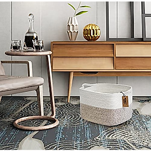 COMFY-HOMI 13.5"x11"x 9.5" Square Cotton Rope Woven Basket with Handle Laundry Storage Bin (Set of 2) Brown and Light Grey