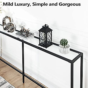 ALLOSWELL 70.9”L Console Table, Tempered Glass Sofa Table, Modern Entryway Table, Easy to Assemble, Steel Frame, for Living Room, Hallway, Black CTH18B01